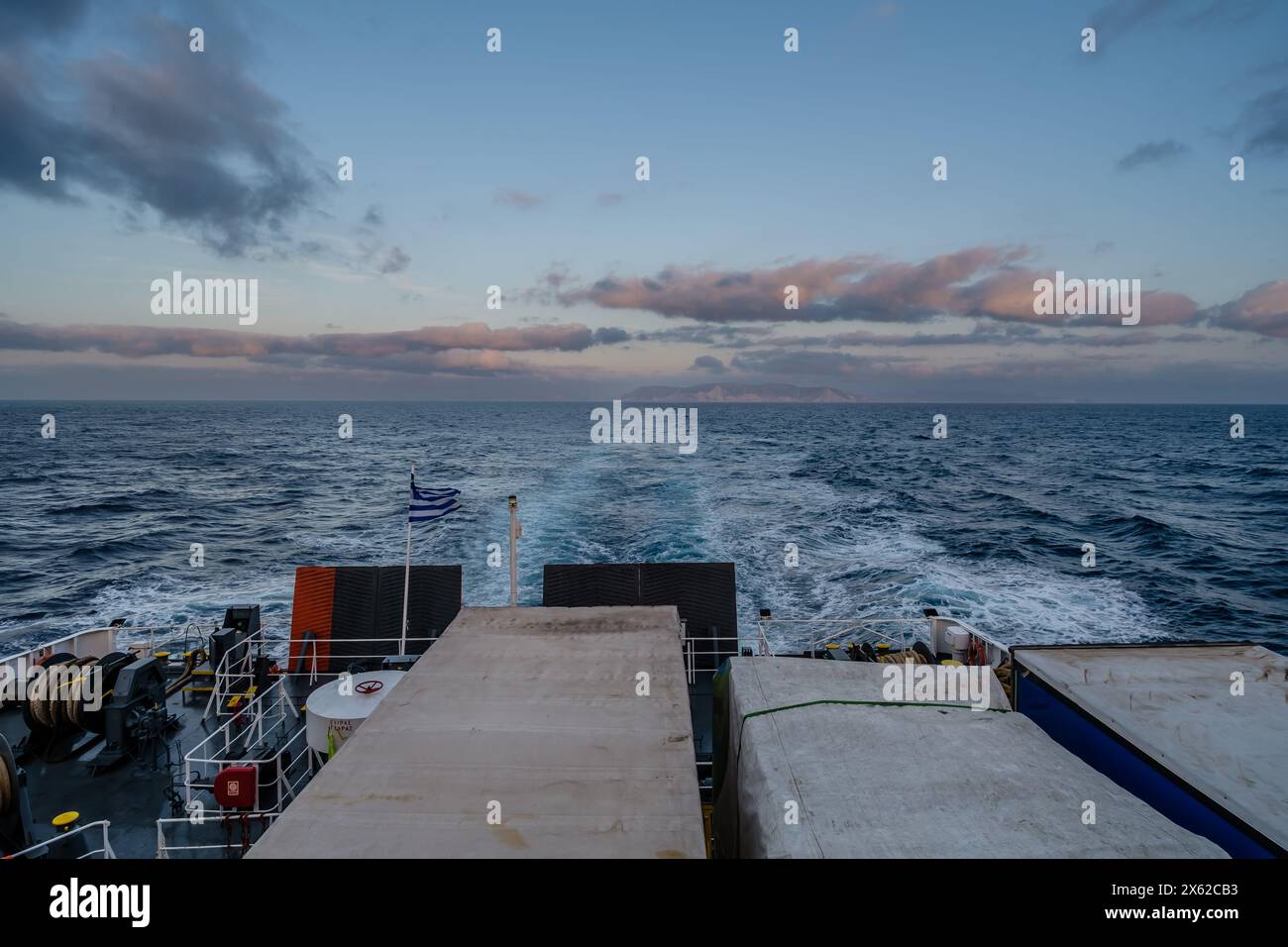 View of the back of a ferry boat at the Aegean Sea at sunrise Stock ...