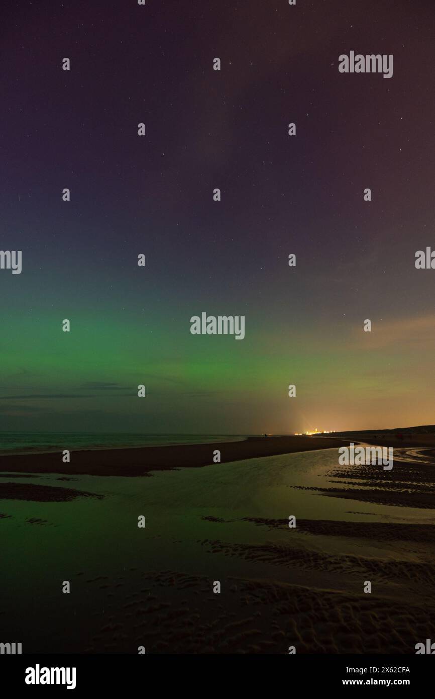 Beautiful view of green colored northern lights (Aurora borealis) above ...