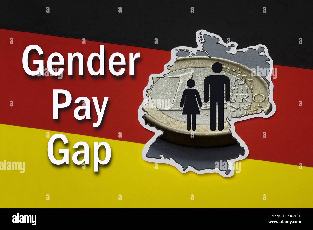 Deutschlandumriss mit 1 Euro-Münze und Piktogrammen von Mann und Frau ...