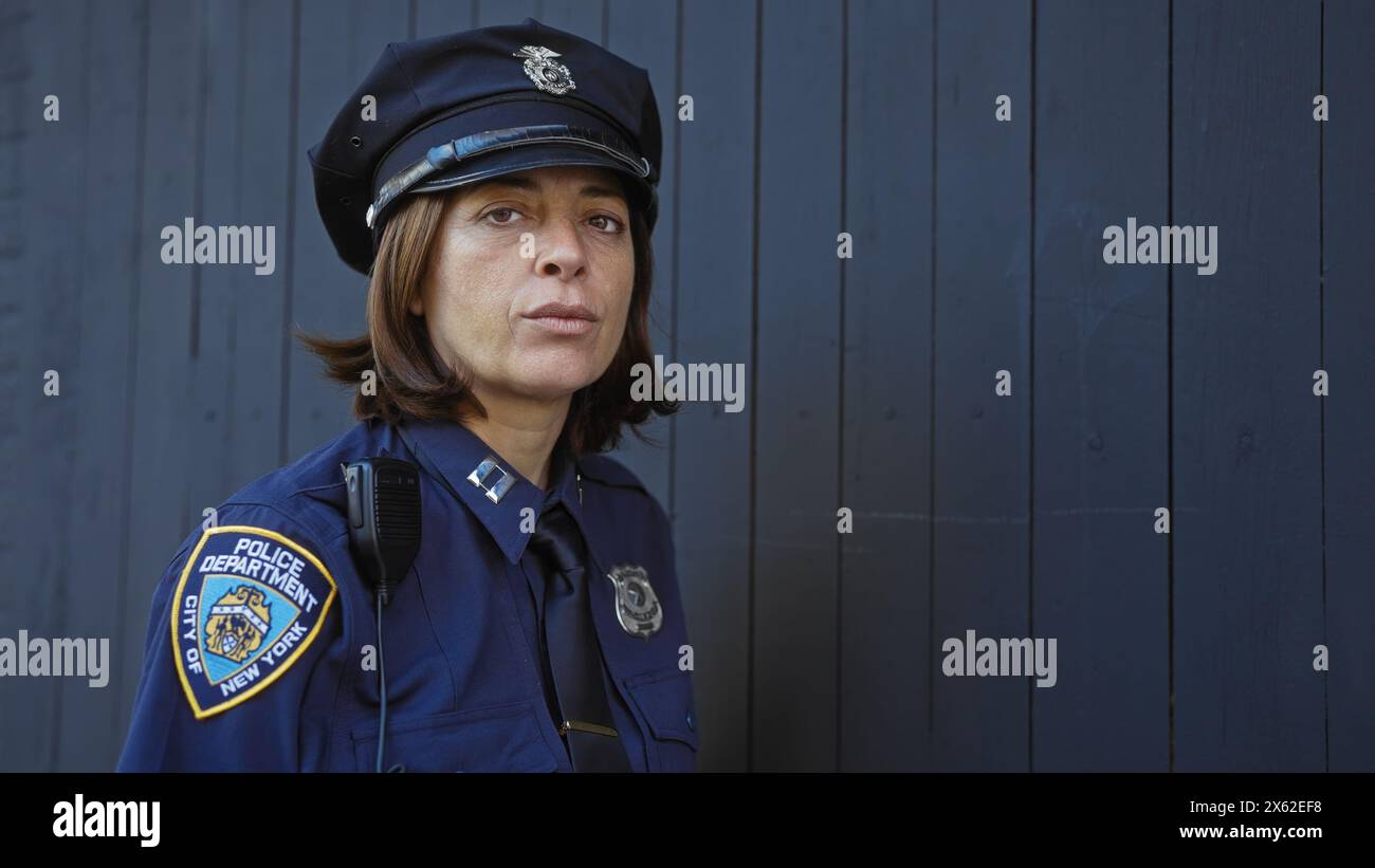 A serious middle-aged woman police officer standing against a blue ...
