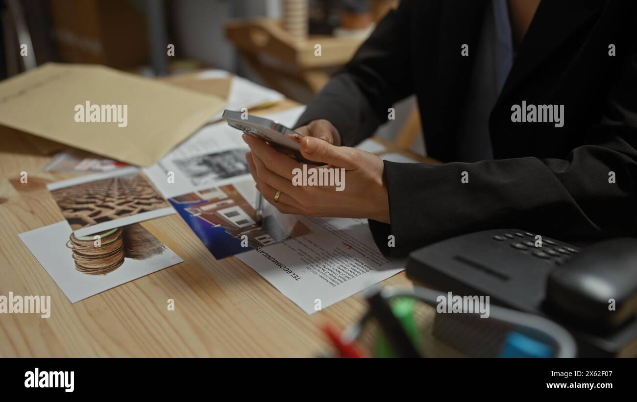 Caucasian woman detective analyzing evidence at police station with ...