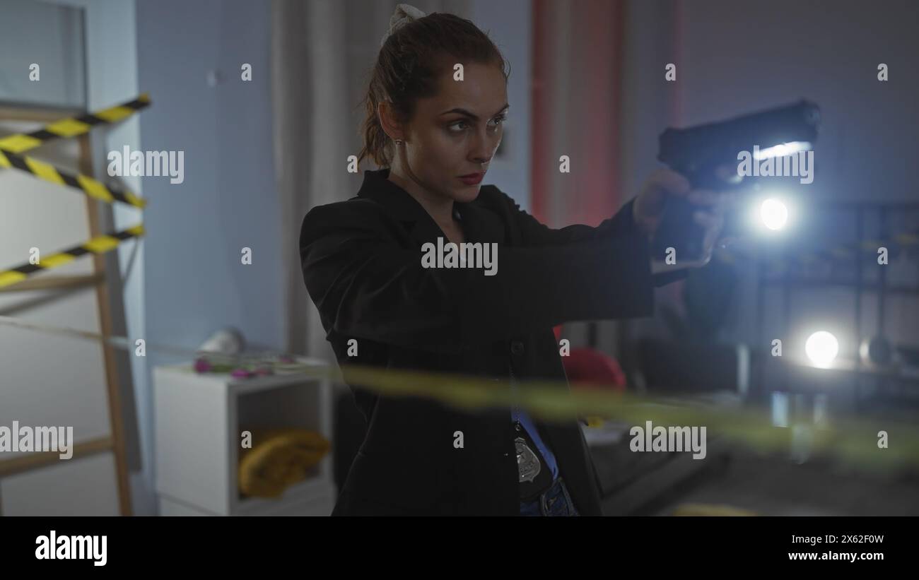 Focused woman detective with gun and flashlight searches a dimly lit ...