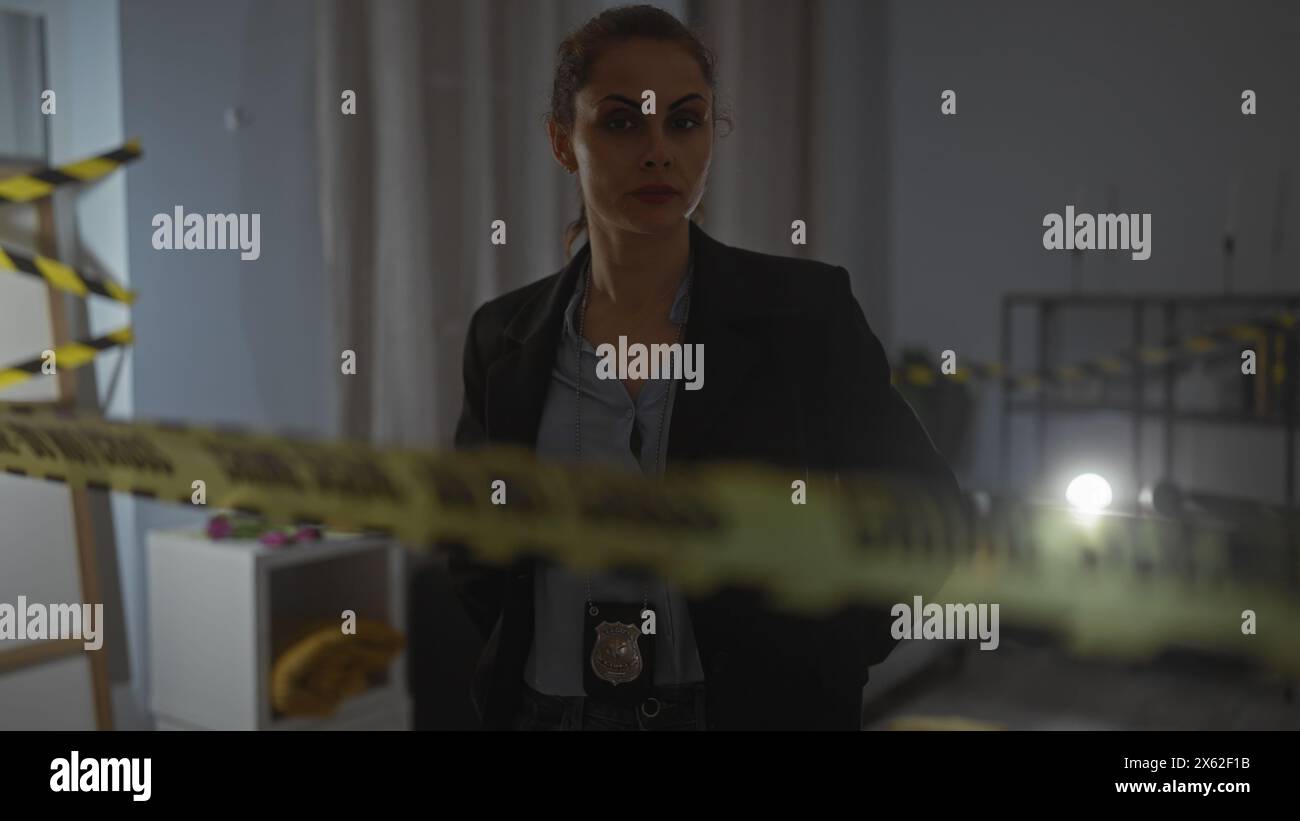 A concerned woman detective analyzes a crime scene in a dimly lit house ...