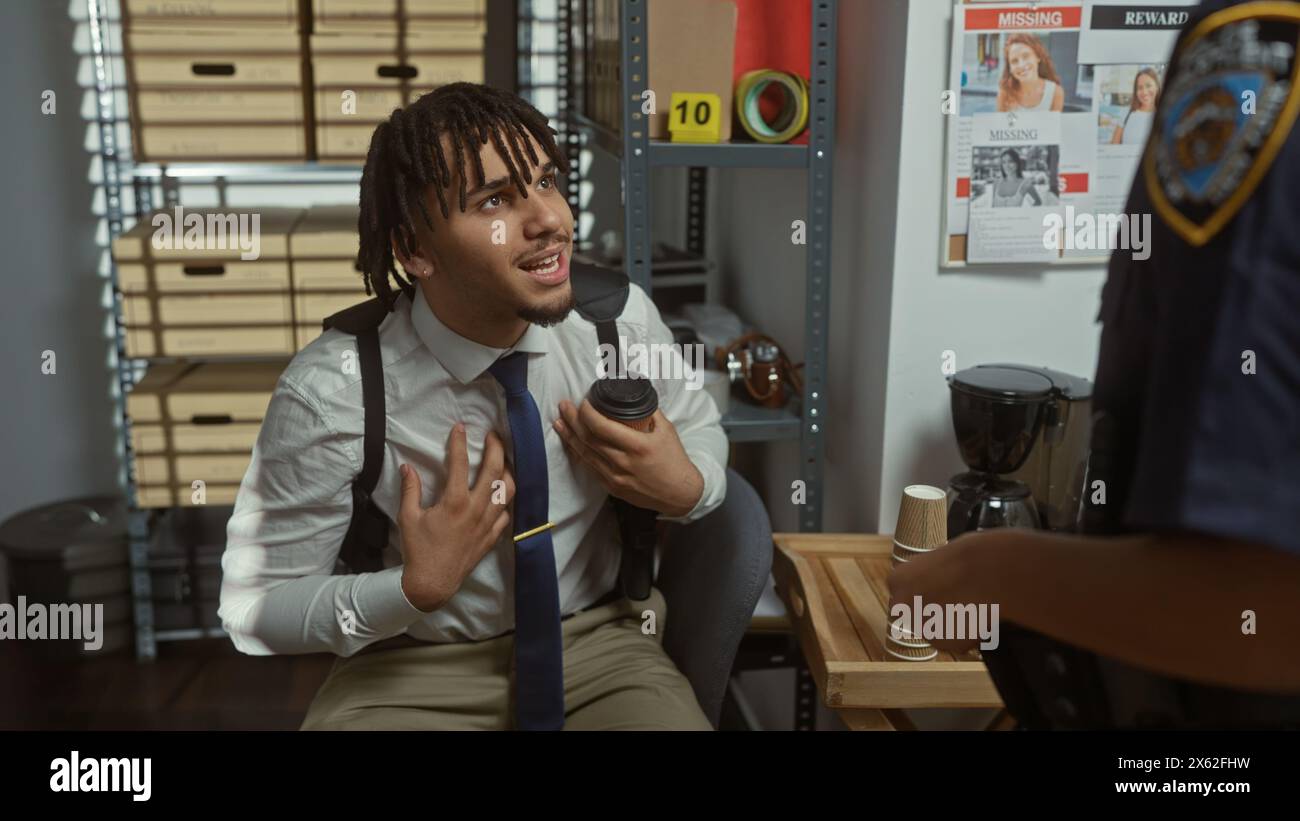A man and a policewoman with badges converse near a coffee machine and ...