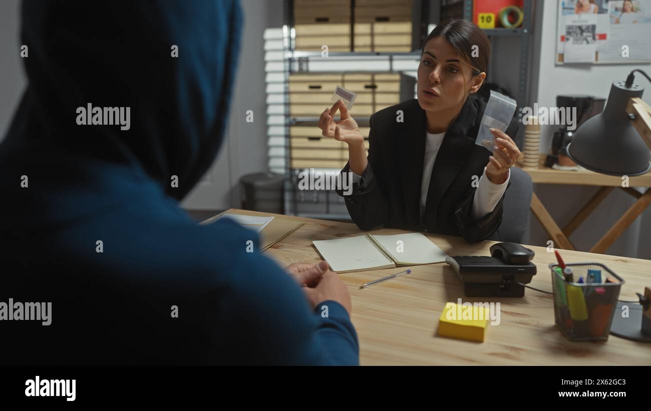 A woman investigator interrogates a suspect in a police station ...