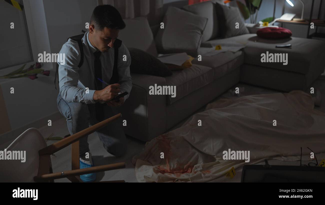 A concentrated young man using a smartphone at an indoor crime scene ...