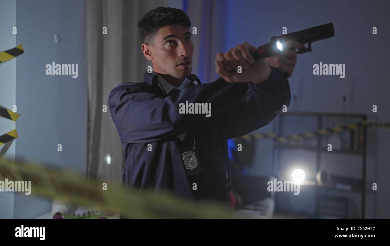 Hispanic police officer searching a dimly lit crime scene indoors with ...