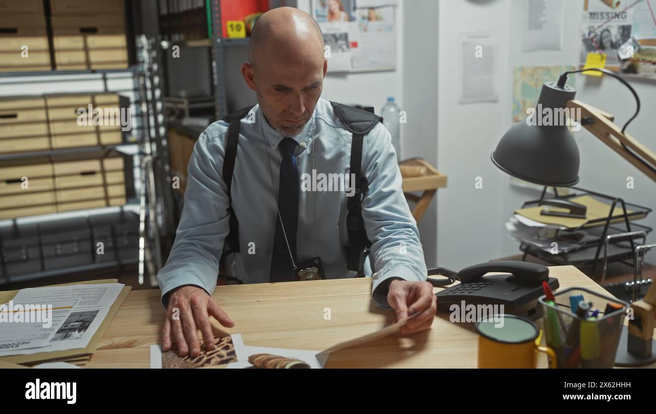 Bald detective man examines evidence at police department desk ...