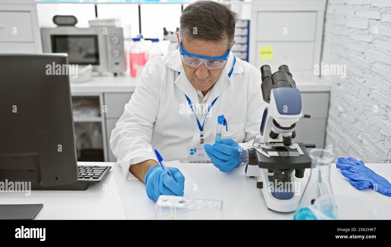 A middle-aged man conducting research in a laboratory, examining ...