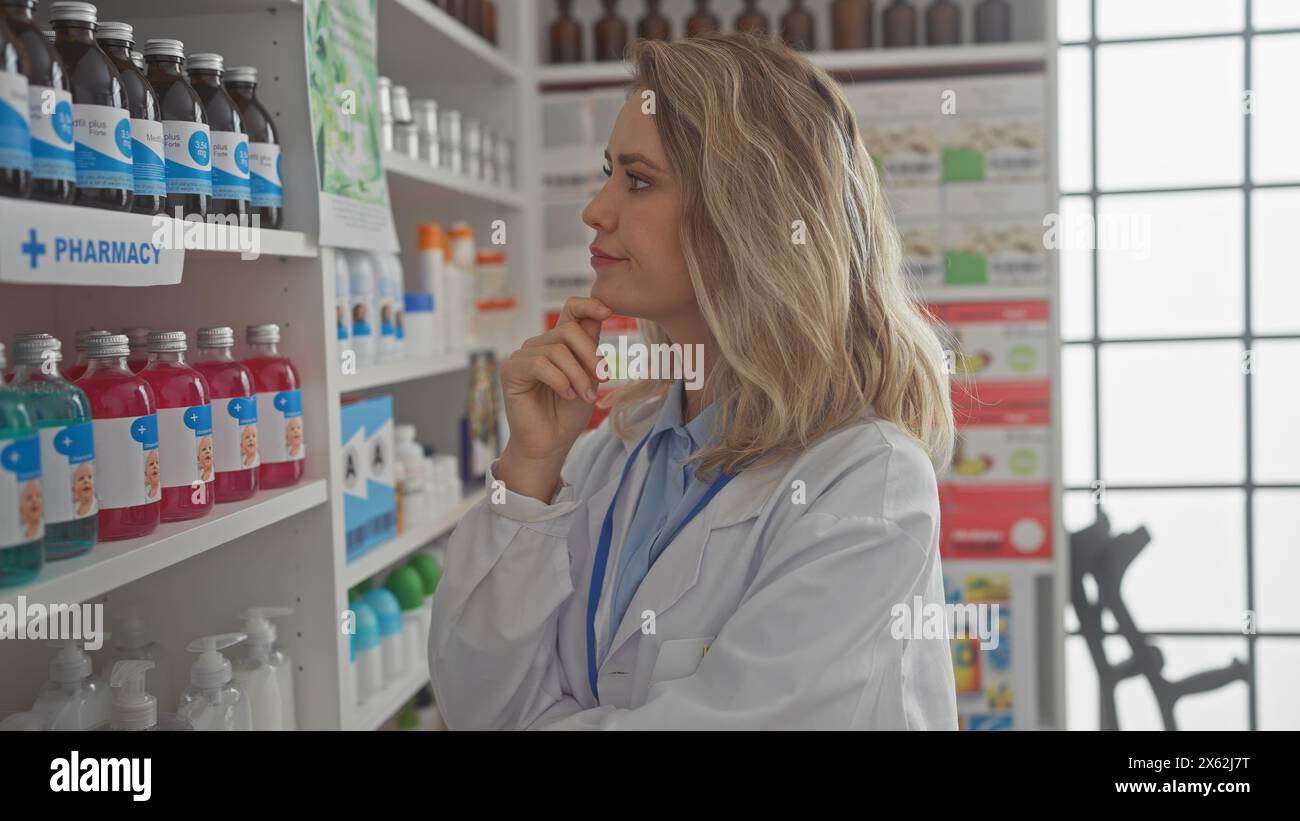 Thoughtful young woman pharmacist standing in pharmacy store lined with ...