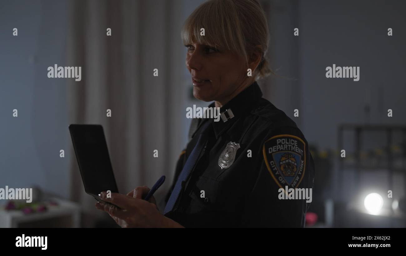 Caucasian woman police officer investigates crime scene indoors with ...