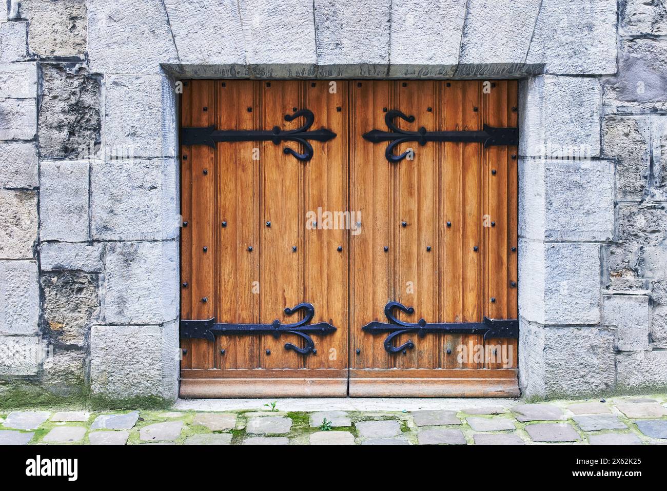A rustic medieval wooden door with black iron hinges set in an ancient ...