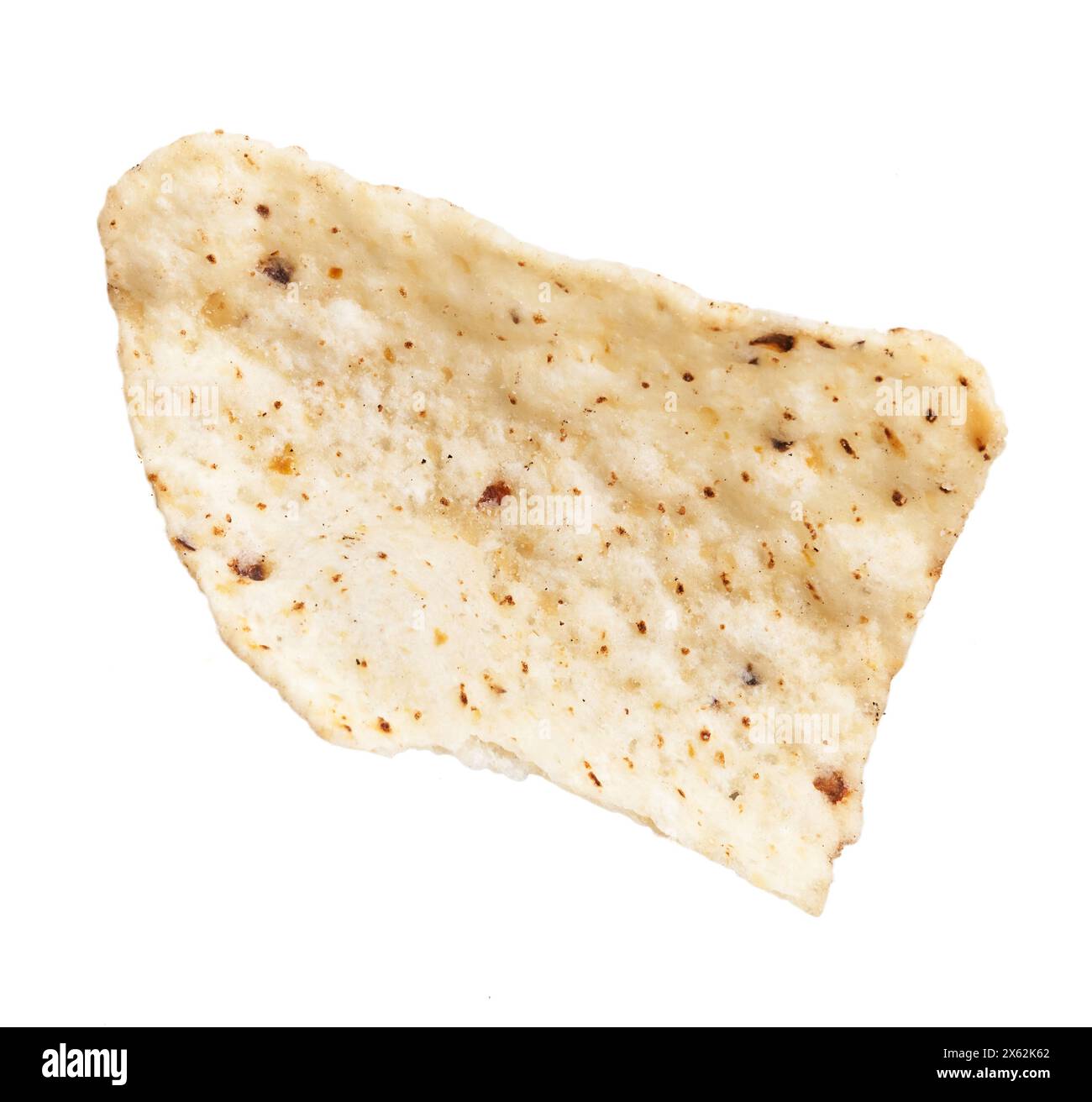 Close-up view of a single crispy tortilla chip isolated on a white ...