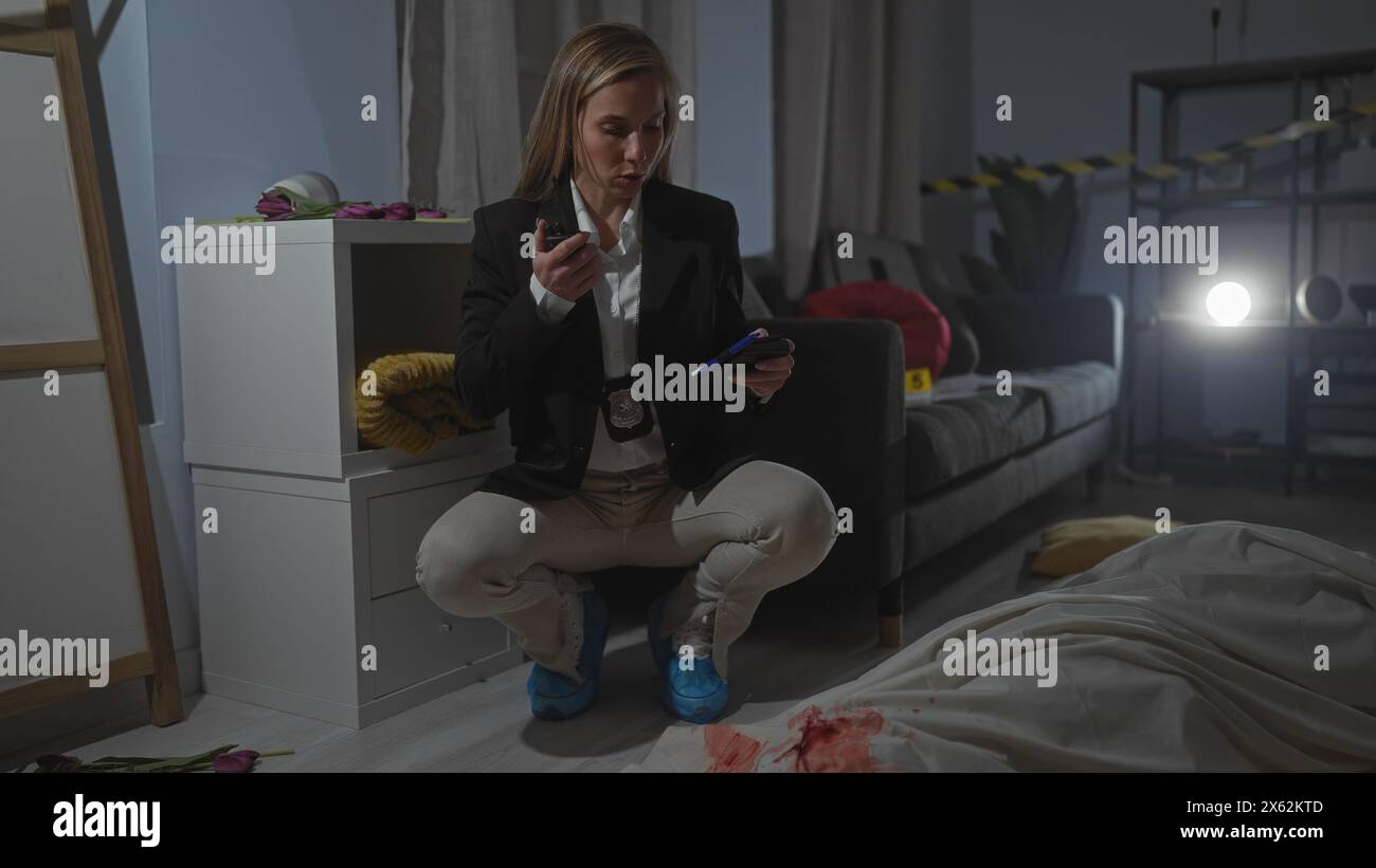 A young woman detective examines evidence at a house crime scene at ...