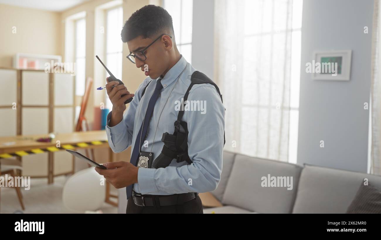 Young detective man with walkie-talkie and notepad investigates crime ...