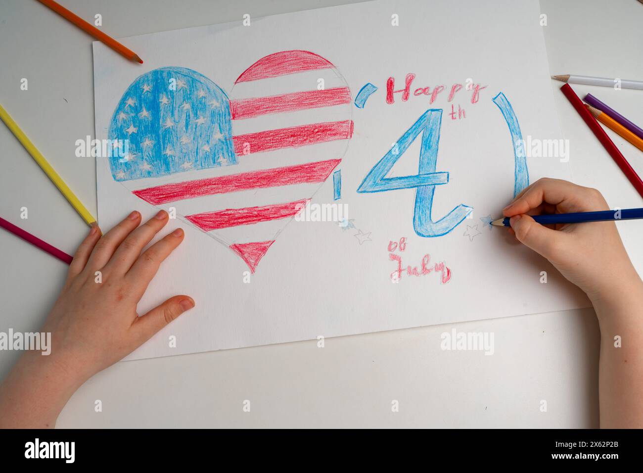 The American flag is drawn with pencils by children's hands. Children's ...