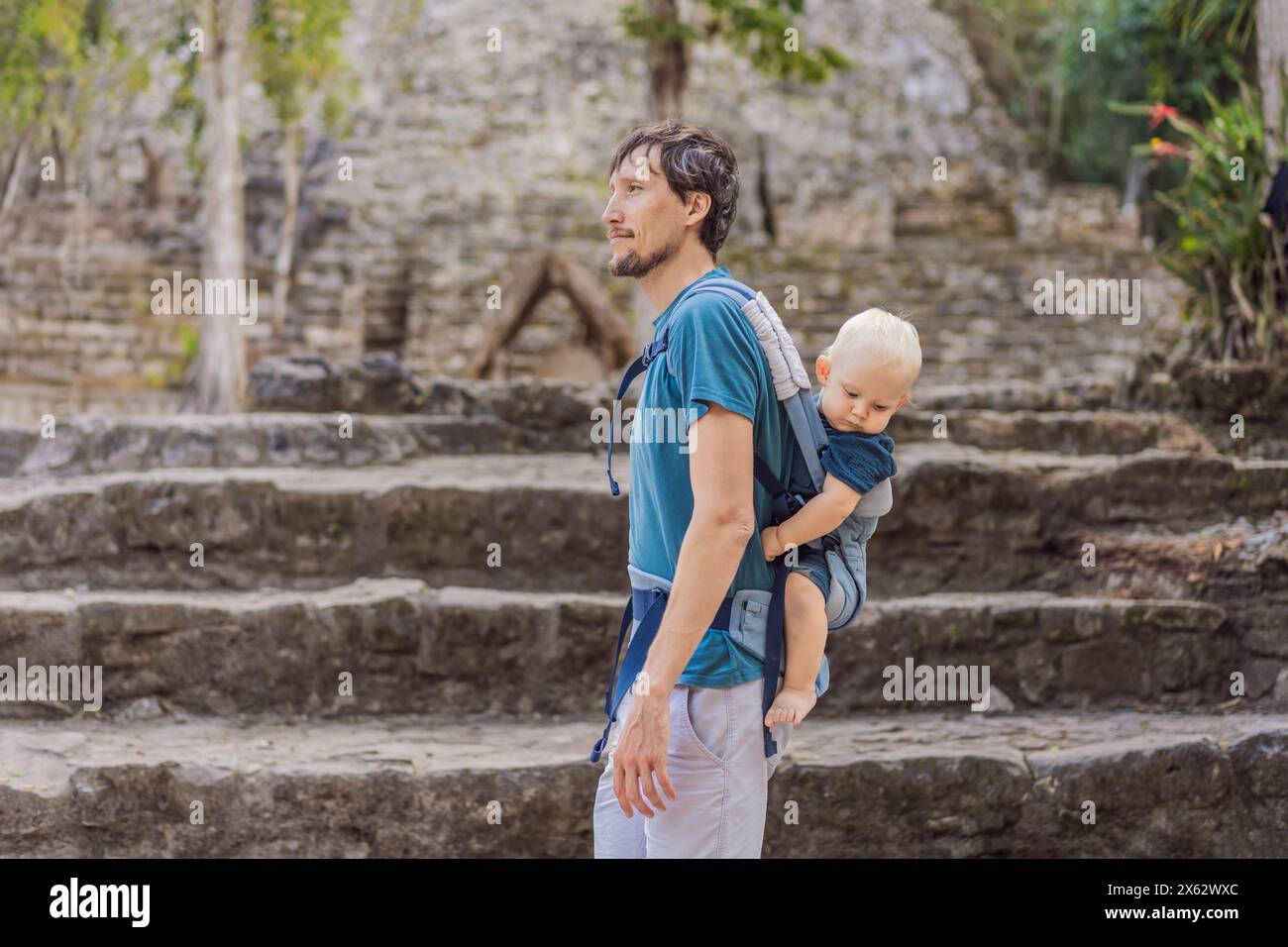 Dad and son tourists at Coba, Mexico. Ancient mayan city in Mexico ...