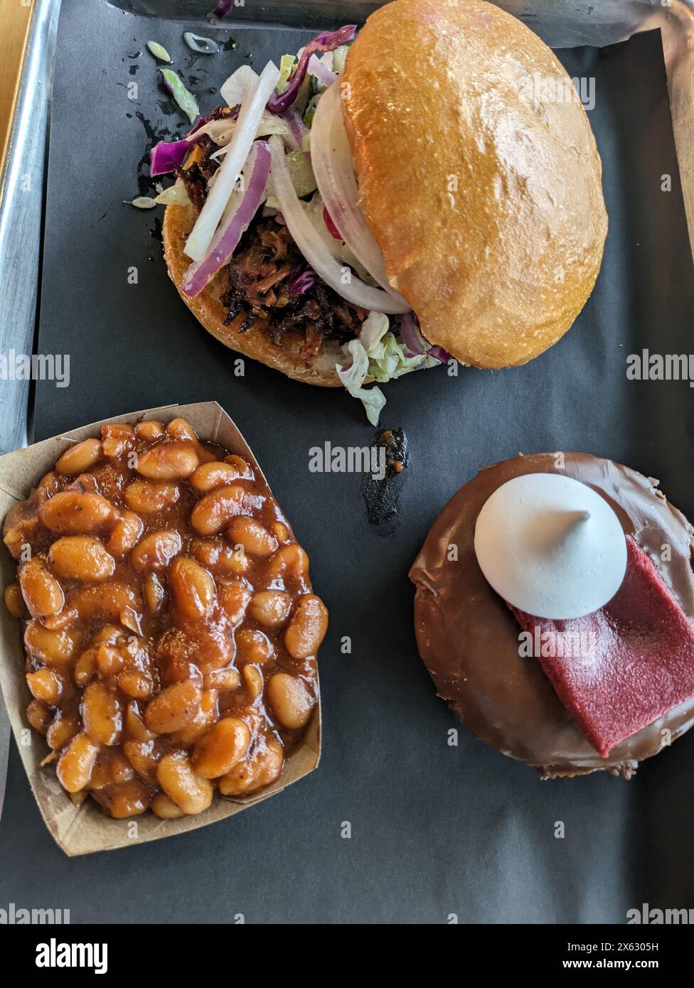 Pull Pork, Beans, and Red Velvet Donut Stock Photo - Alamy