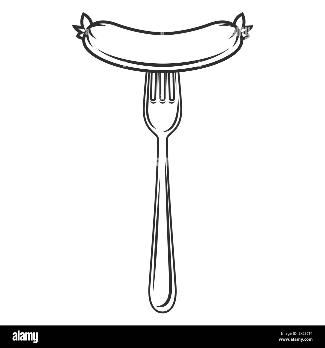 Vector Flat Sausage and Fork with Outline Closeup Isolated on a White ...