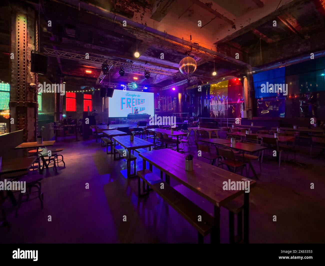 DJ on stage at an empty bar in Manchester's Freight Island. UK Stock ...
