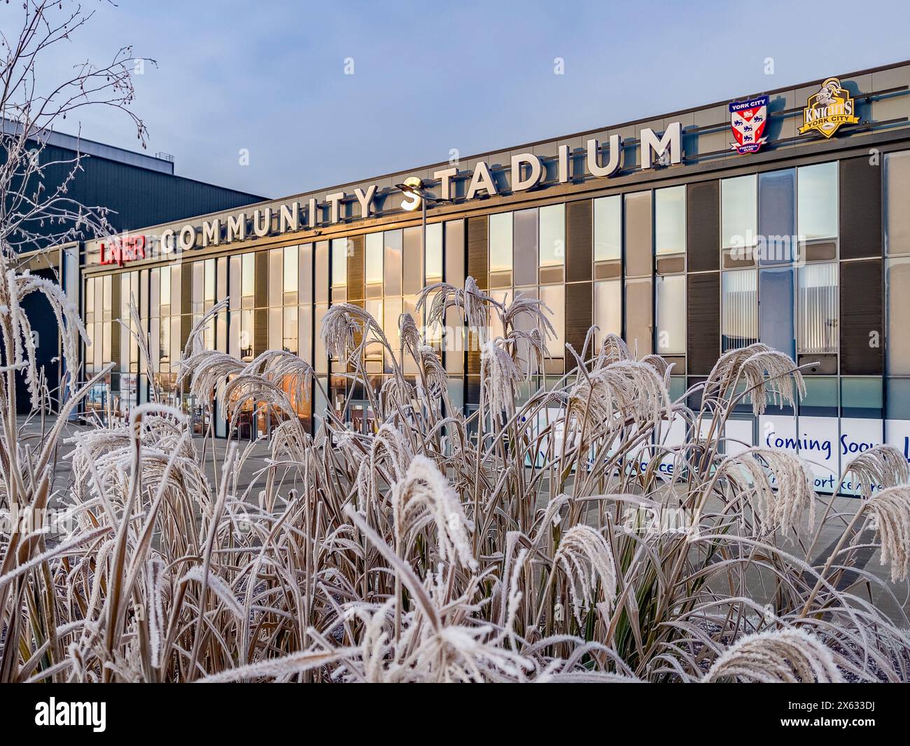 The LNER Community Stadium in York, in winter with frozen ornamental ...