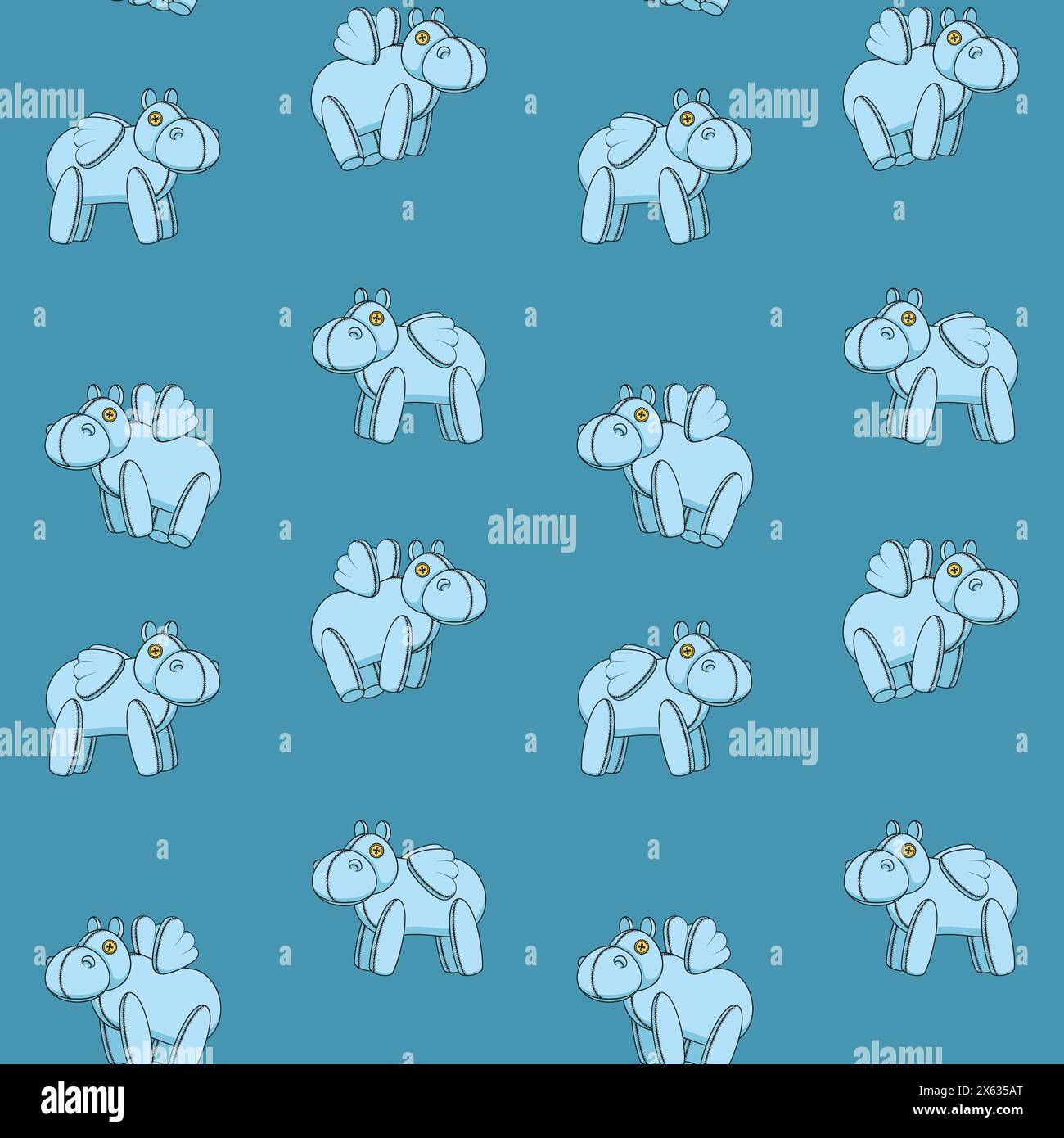 Seamless Pattern With Blue Toy Hippo With Wings Colored Vector