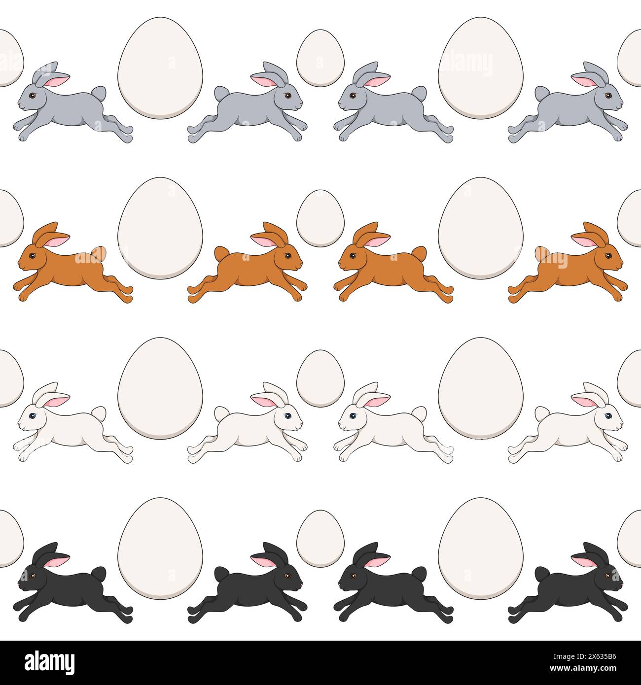 Set of horizontal seamless patterns with Easter bunny and eggs. Isolated vector objects on white ...