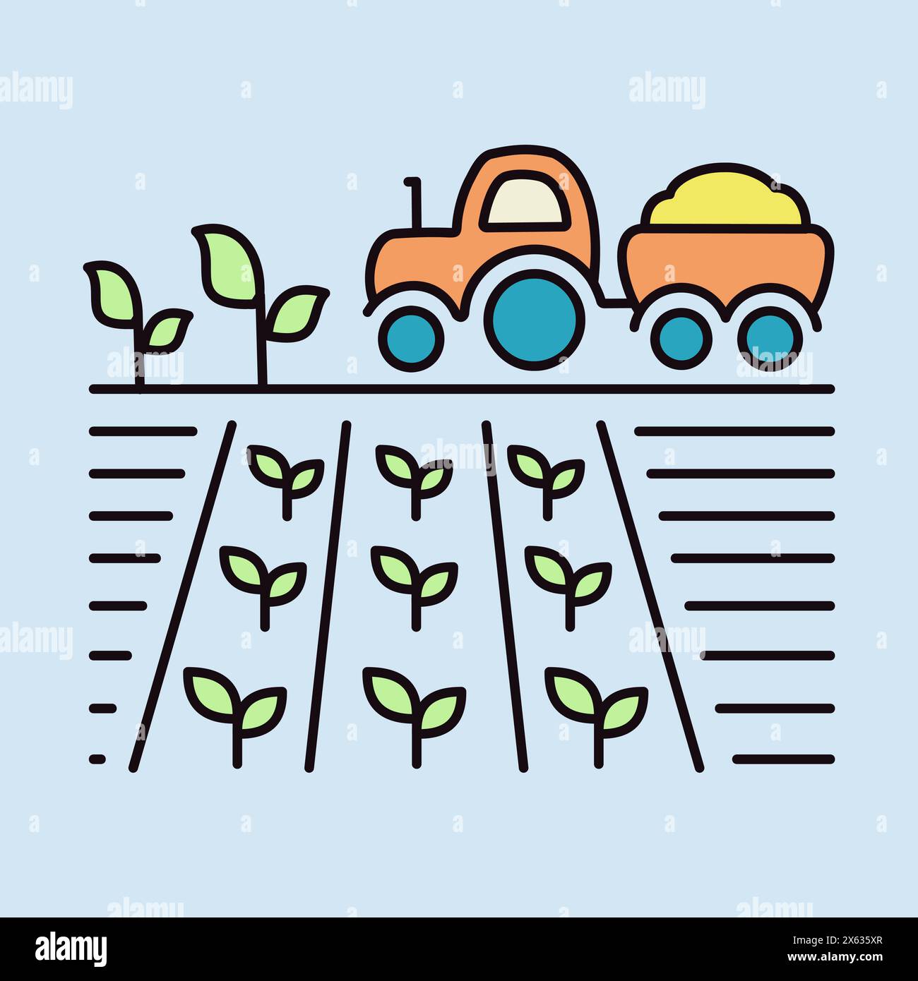 Tractor on field harvest seedling flat icon. Agriculture sign. Graph ...