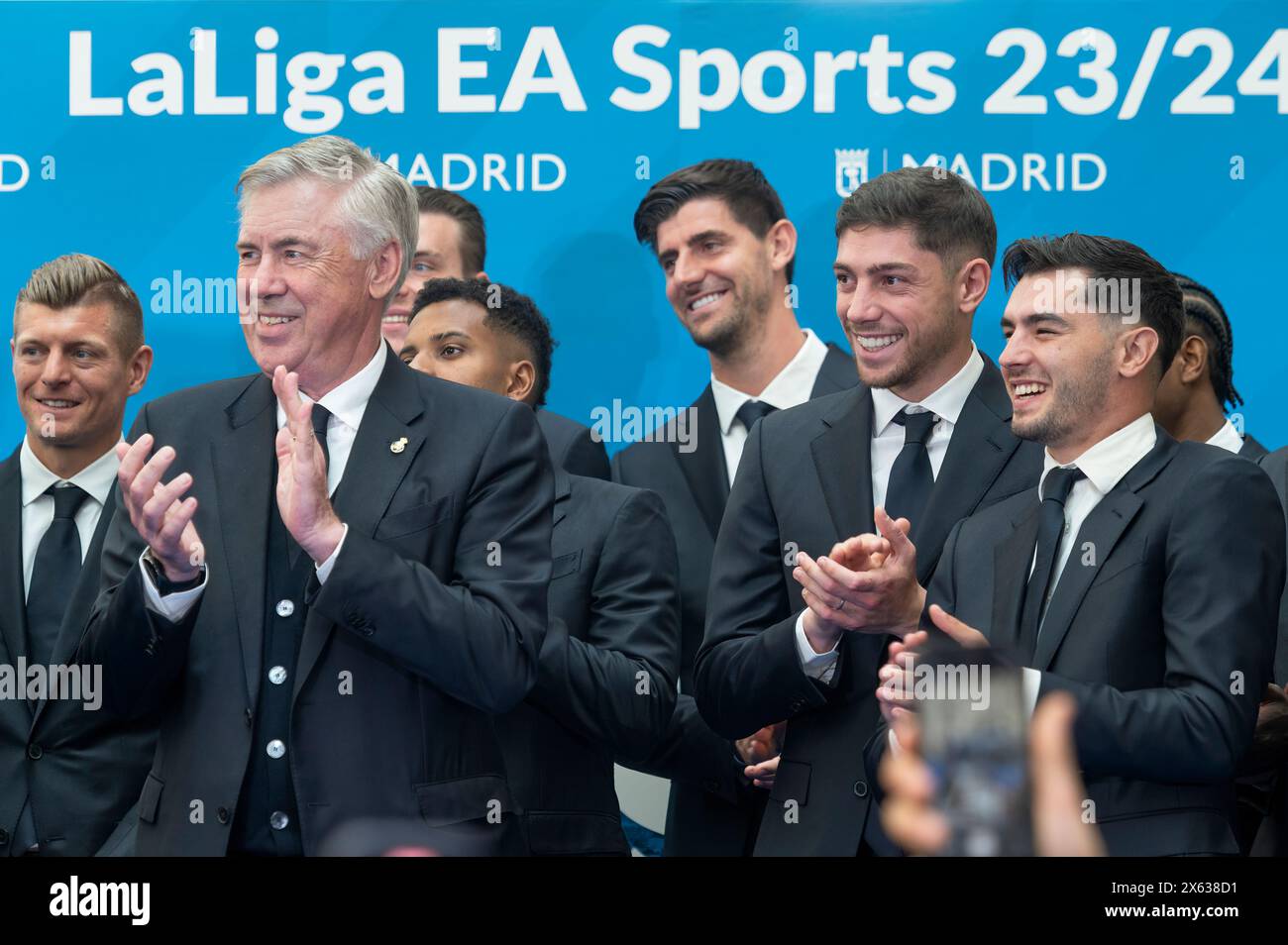 Madrid, Spain. 12th May, 2024. Team coach Carlo Ancelotti (L) and Real ...