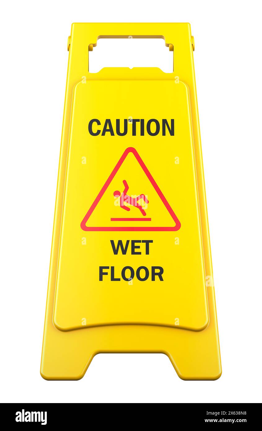 Caution Wet Floor Sign, 3D rendering isolated on white background Stock ...