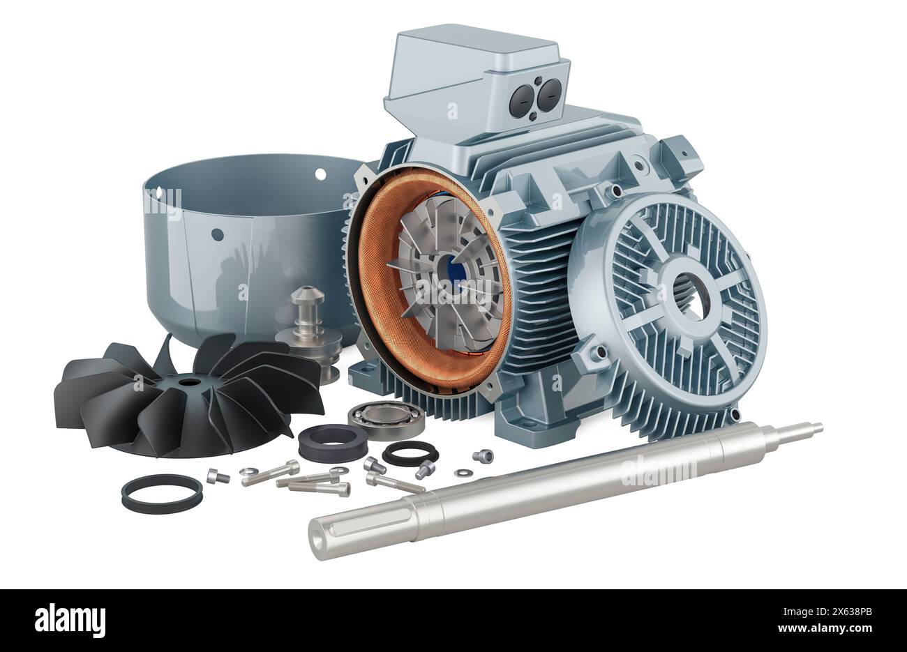 Electric motor parts, disassembled motor. 3D rendering isolated on ...