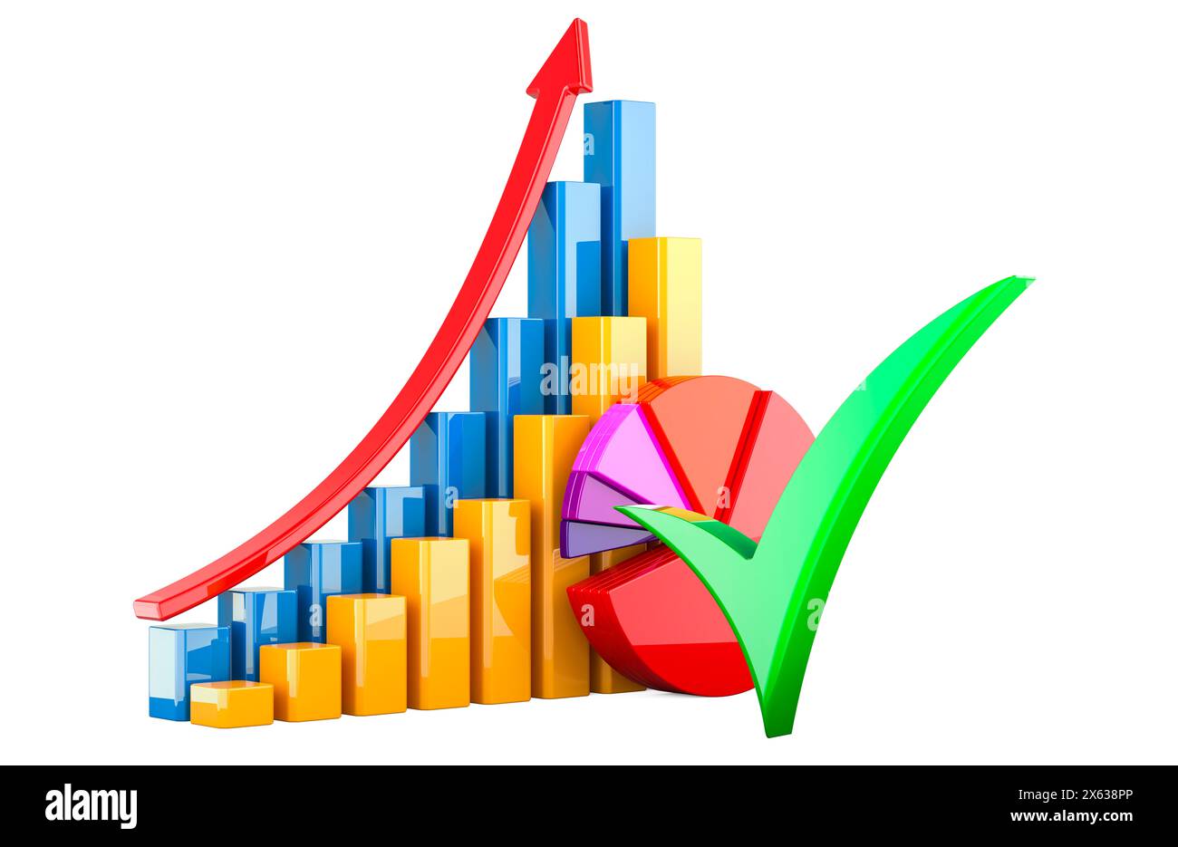 Pie charts, diagrams, bars with growth arrow and green check mark, 3D ...