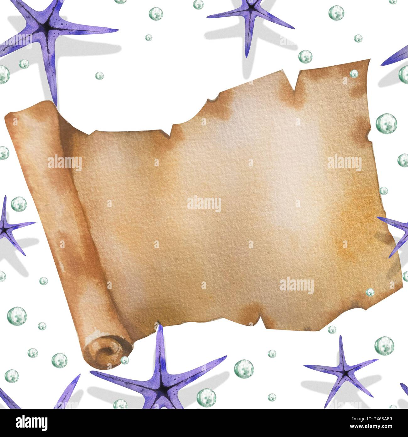 Watercolor Old Scroll Frame on Background of Lilac Starfish. Marine ...