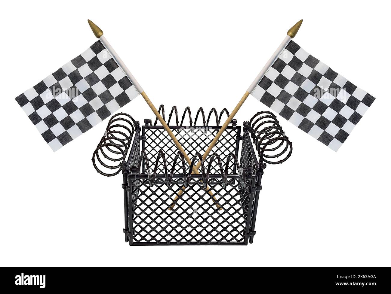 Checkered flags and Prison yard surrounded by barbed wire to show quick ...