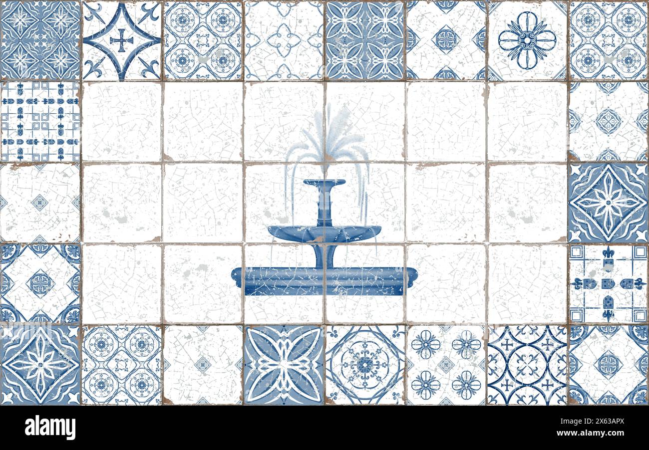 Fountain with flowing water in monochromatic blue and white color ...