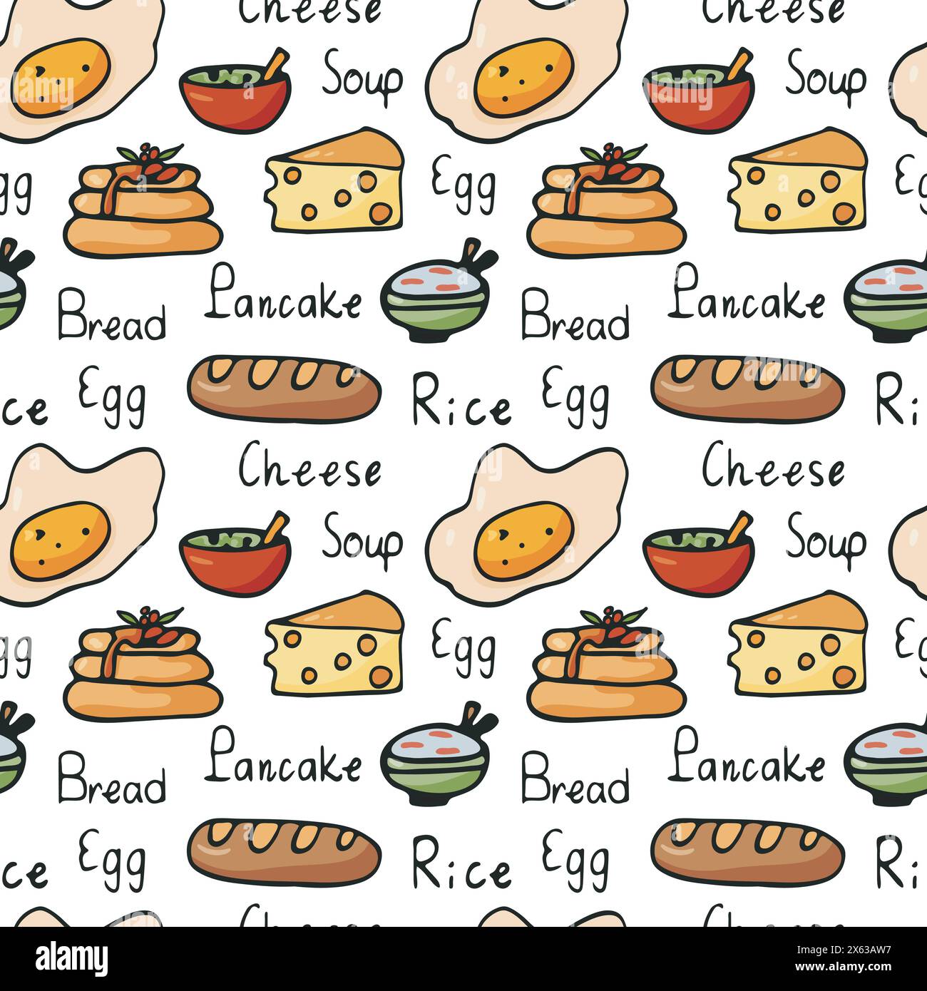 Food symbol cute seamless pattern. Doodle unique hand drawn black ...