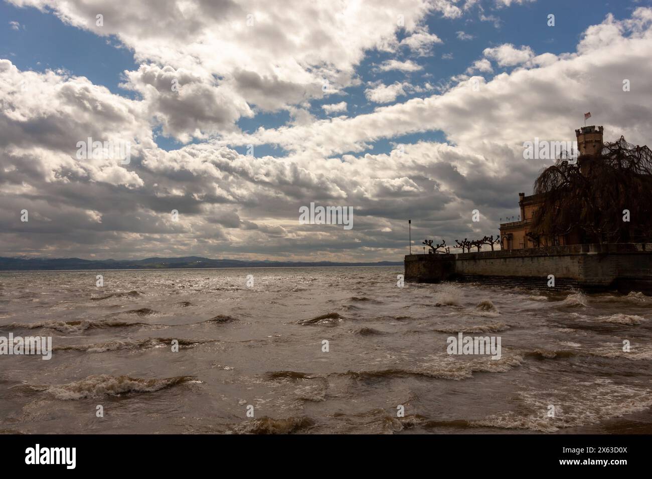 Spring storm on Lake Constance near Monfort Castle in Langenargen ...