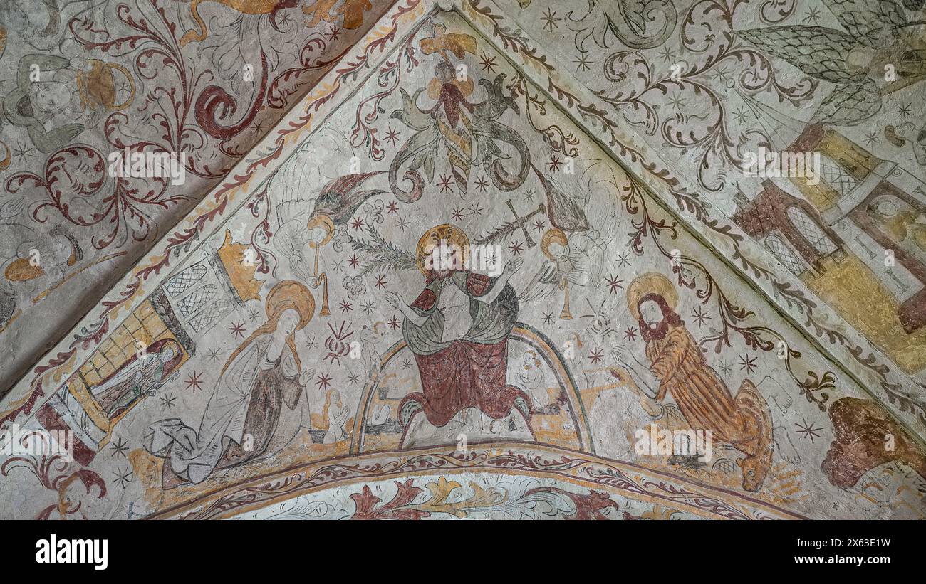 Jesus sitting on the rainbow at the Last Judgment, a medieval fresco in ...