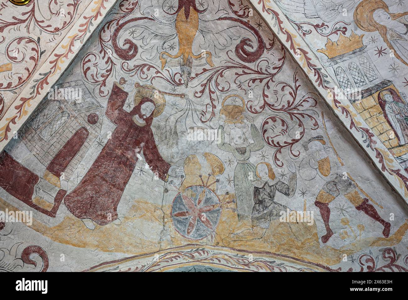 Jesus Cleansing the Temple, an old mural painting on a whitewashed wall ...