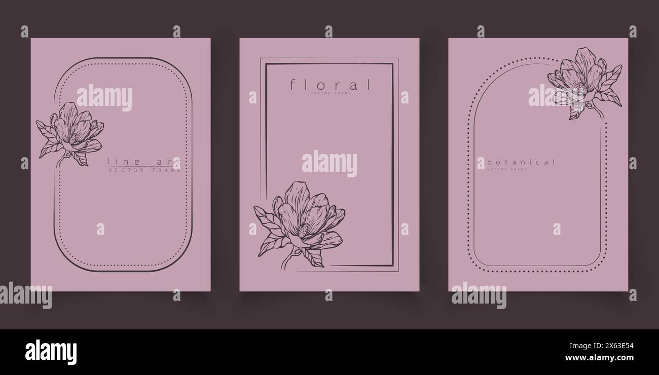 Set of frame templates in minimal linear style with hand drawn magnolia ...