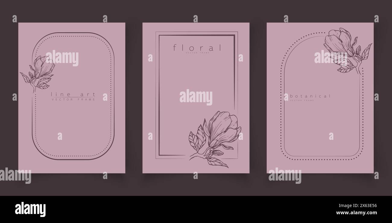 Set of frame templates in minimal linear style with hand drawn magnolia ...