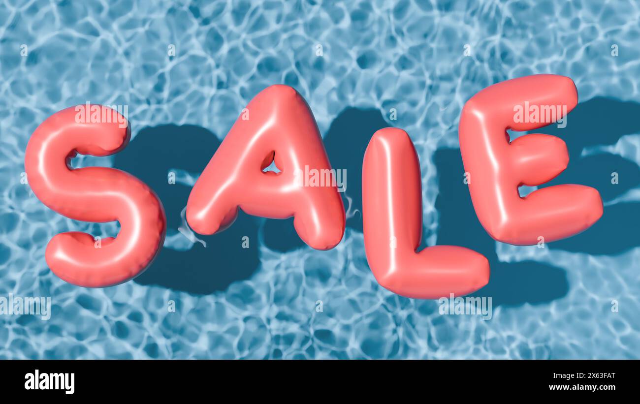 Summer sale banner. Yellow inflated sale word in the pool. 3d render ...