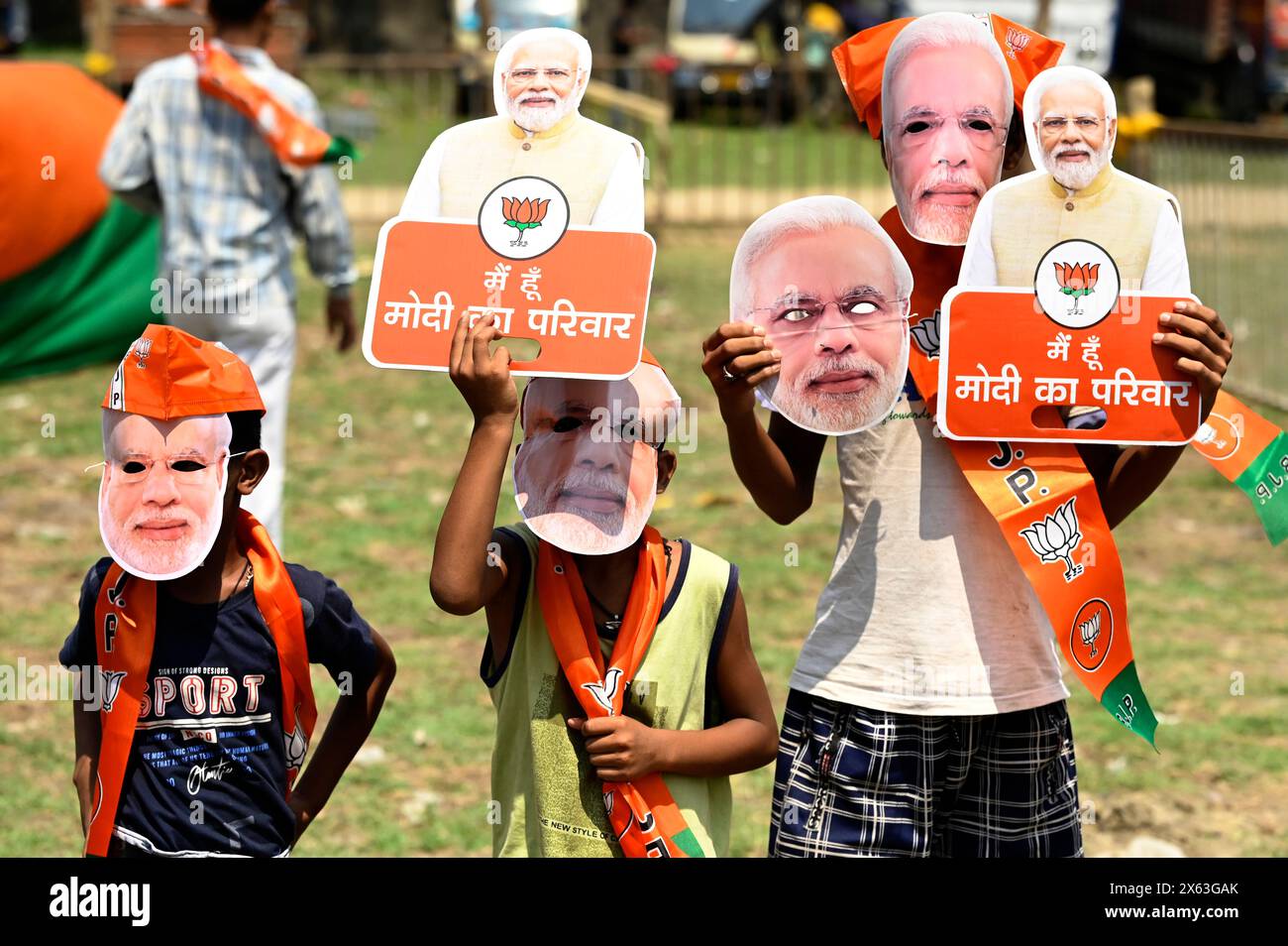 BARRACKPORE, INDIA - MAY 12: Childrens wearing face mask of Prime Minister Narendra Modi during ...
