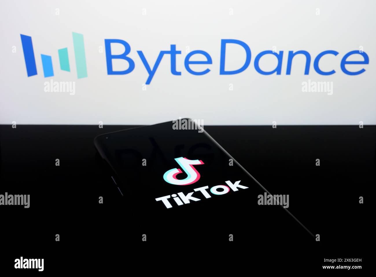 TikTok Logo on Smartphone with ByteDance Background. Stafford, United ...