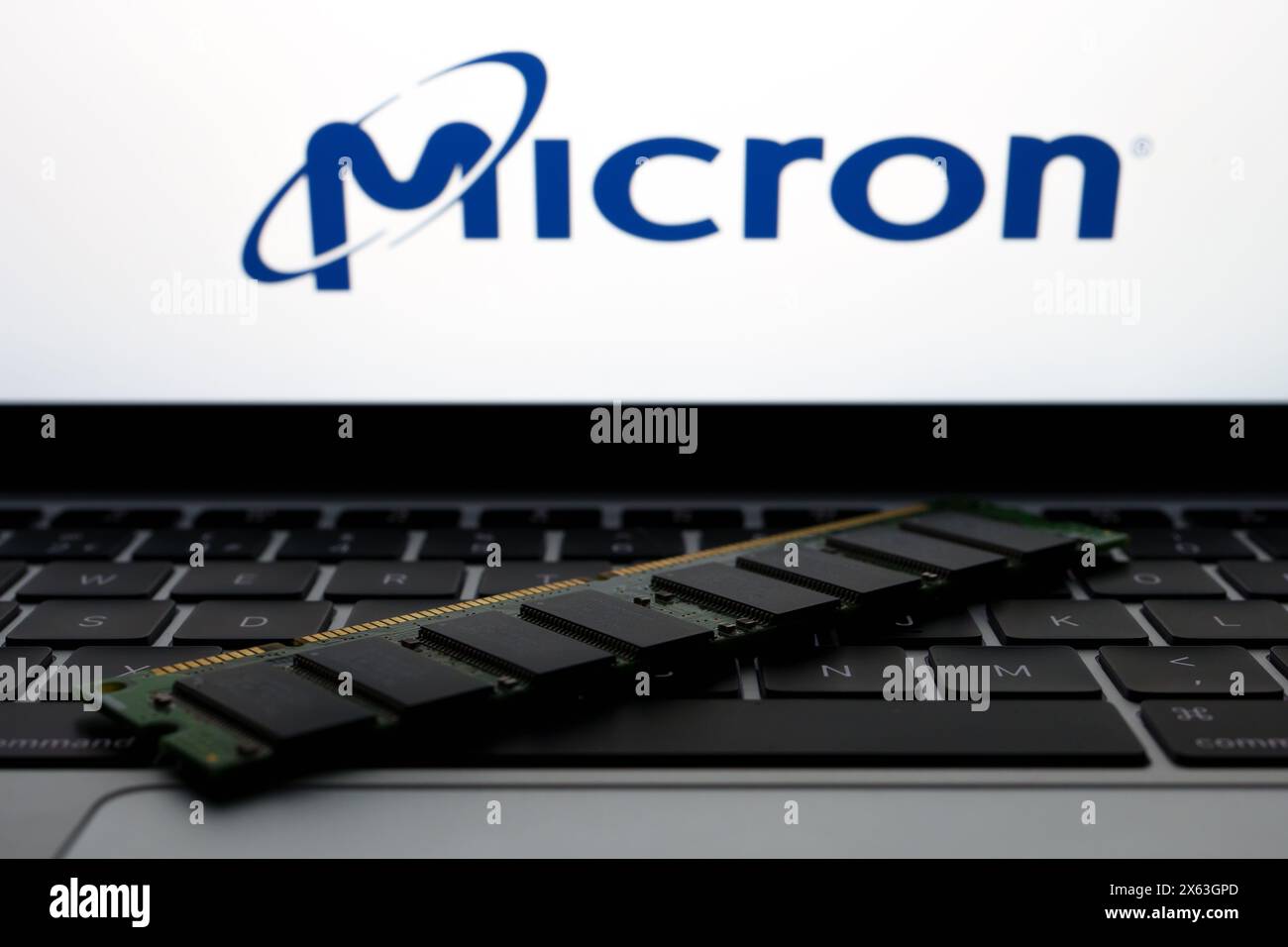 MICRON logo seen on the screen of laptop and RAM memory in front of it ...