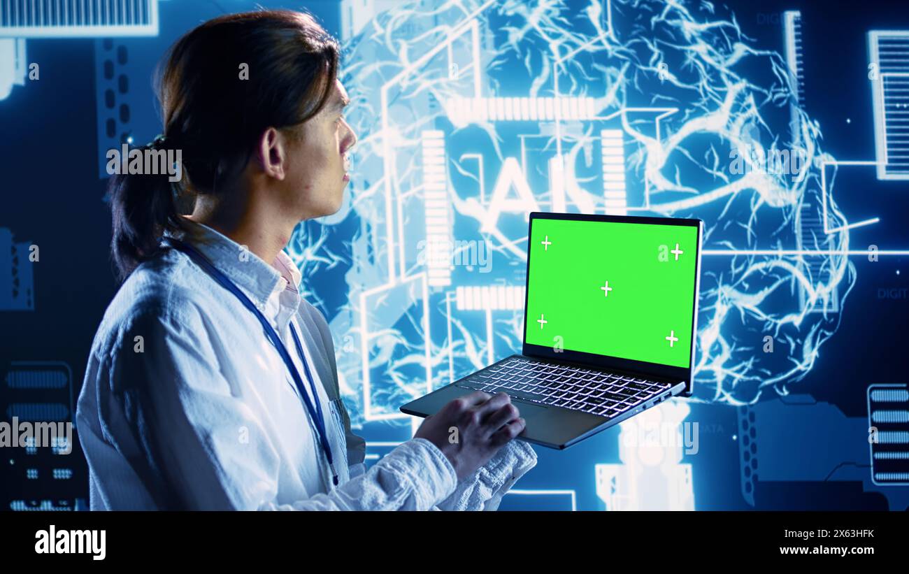 Engineer Using Mockup Laptop To Implement Artificial Intelligence Parallel Processing Qualified 