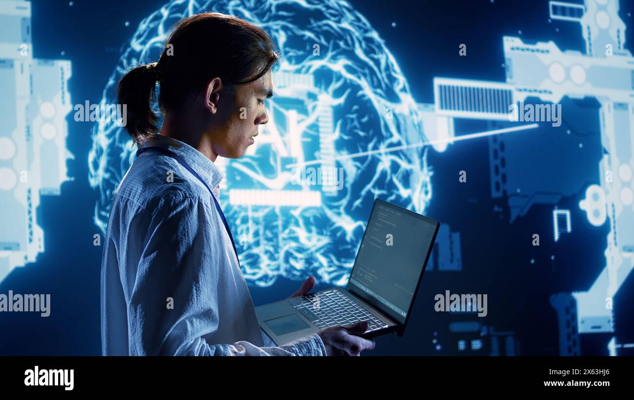 Computer Operator In Data Center Running Programming Scripts On Laptop Solving Tasks Qualified