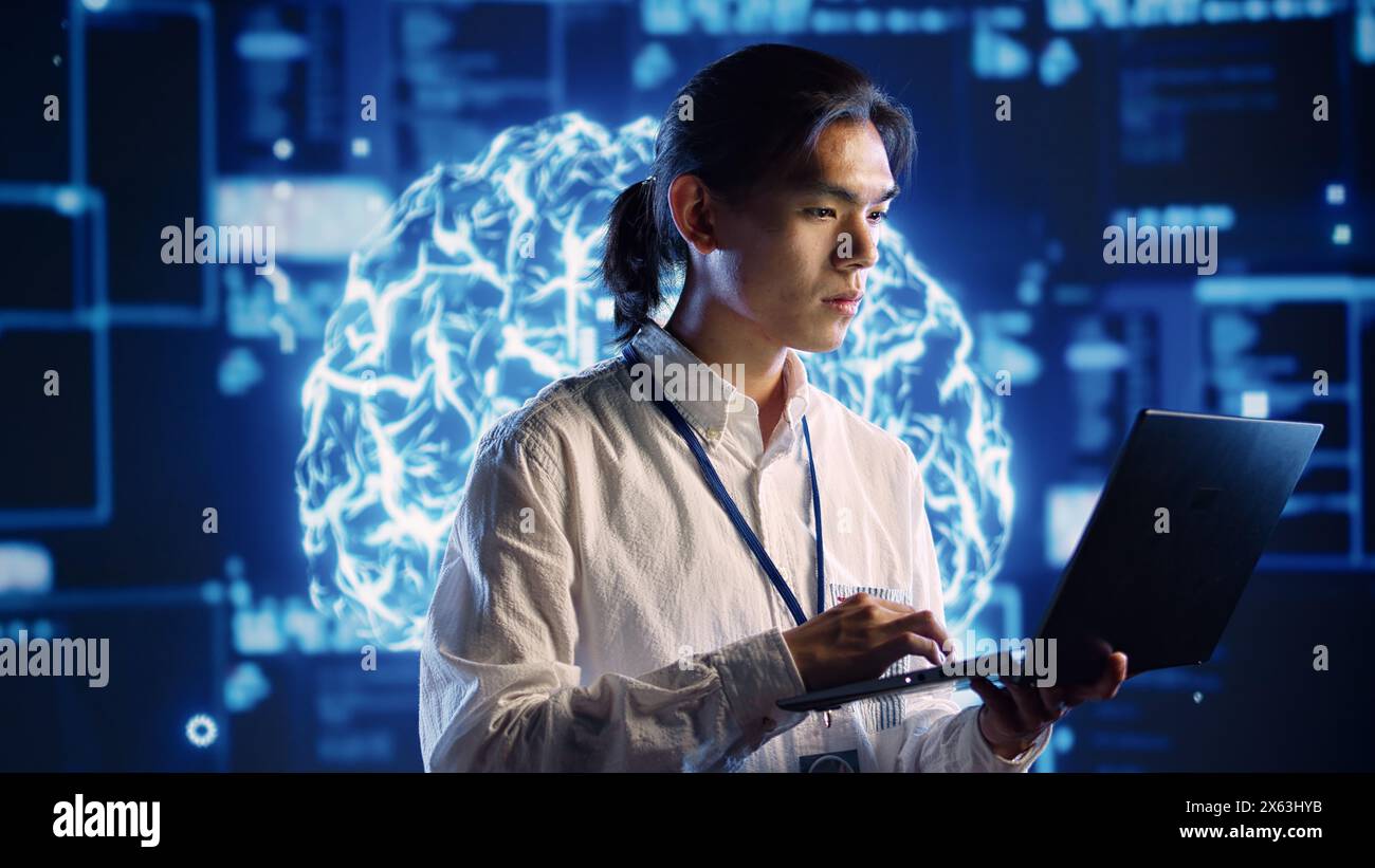 Qualified IT consultant in data center uses artificial intelligence computing simulating human ...