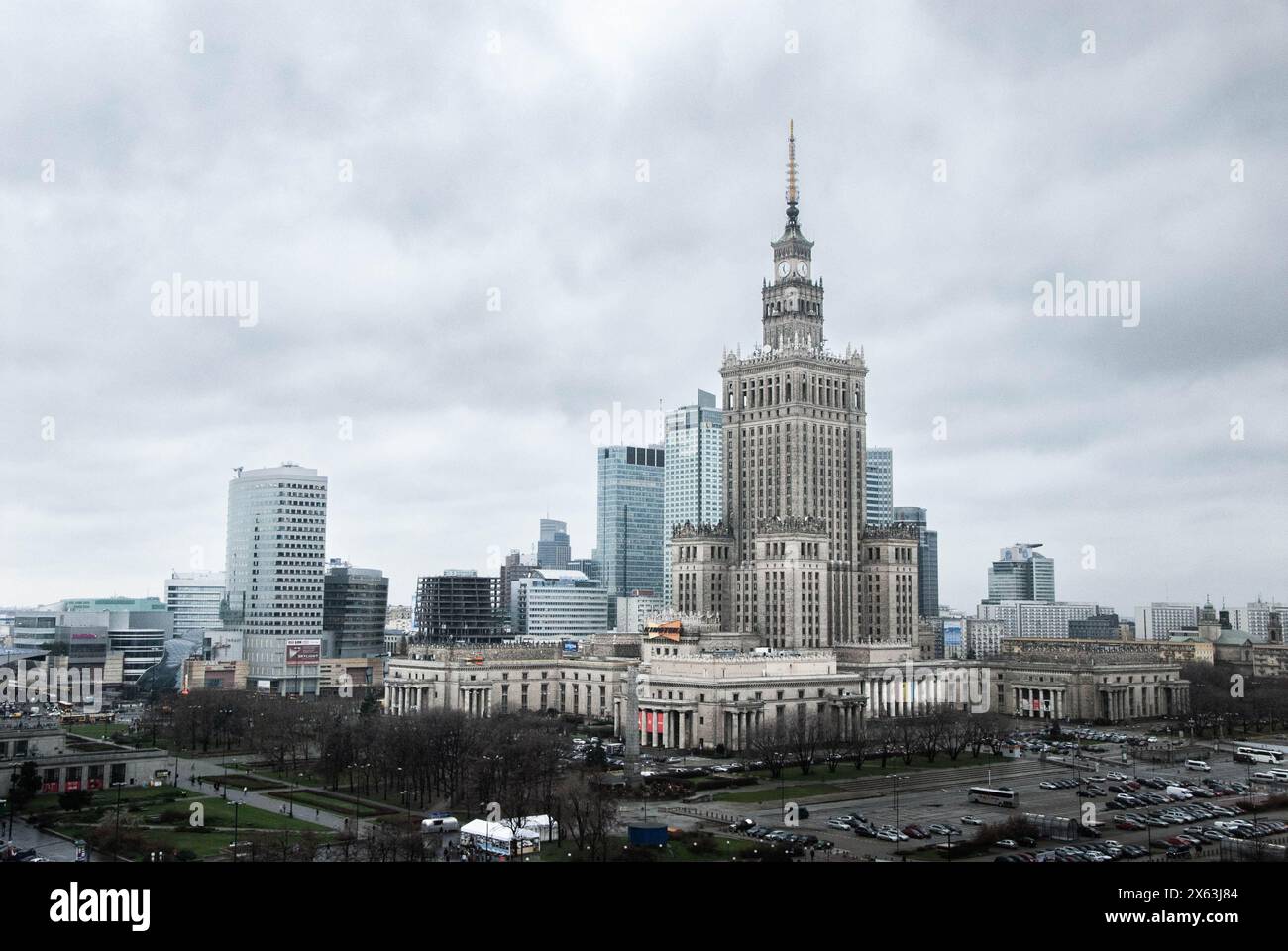 Palace of Culture in Warsaw, Poland. The day is gray, and there is ...