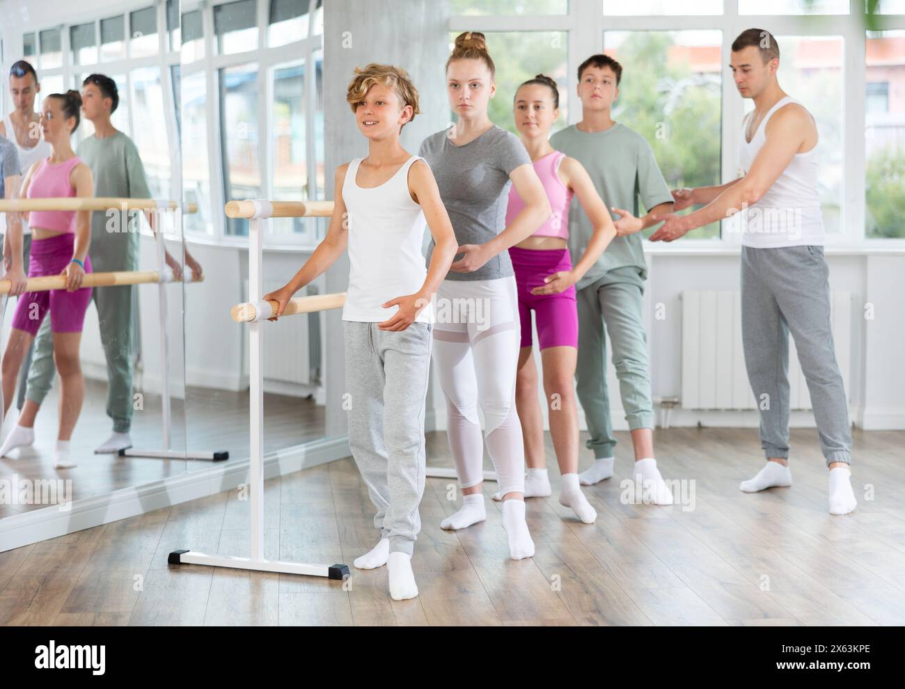 Teenagers at choreography lesson learn to stand in first position of ...